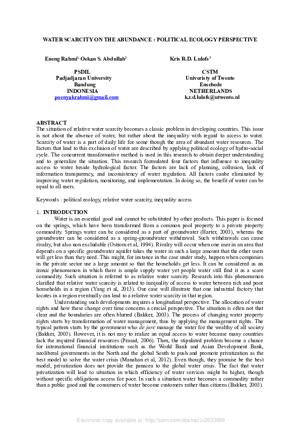 (PDF) Water Scarcity on the Abundance: Political Ecology Perspective