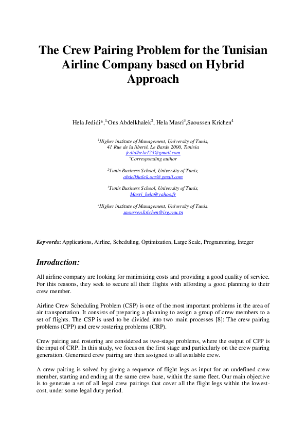 (PDF) Hybrid Approach to Crew Pairing for Airlines
