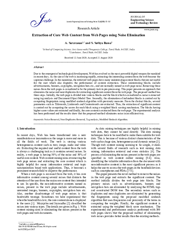 (PDF) Extraction of Core Web Content from Web Pages using Noise Elimination