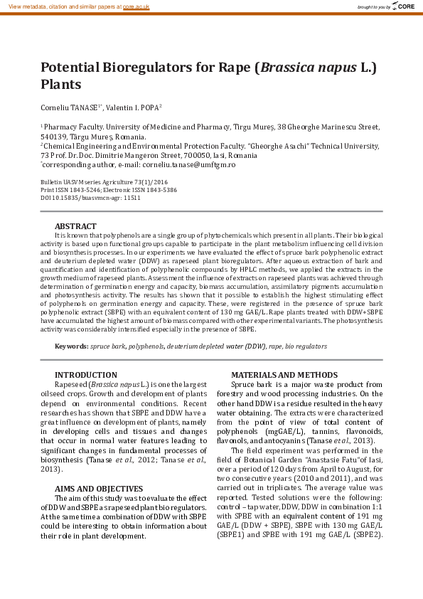 (PDF) Potential Bioregulators for Rape (Brassica napus L.) Plants ...