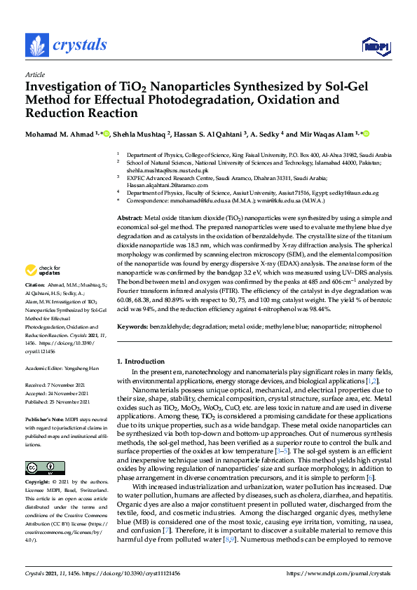 (PDF) Investigation of TiO2 Nanoparticles Synthesized by Sol-Gel Method for Effectual ...