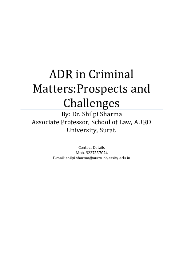(PDF) ADR in Criminal Matters:Prospects and Challenges | Shilpi Sharma ...