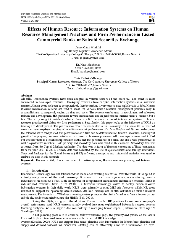 (PDF) Effects of Human Resource Information Systems on Human Resource Management Practices and ...