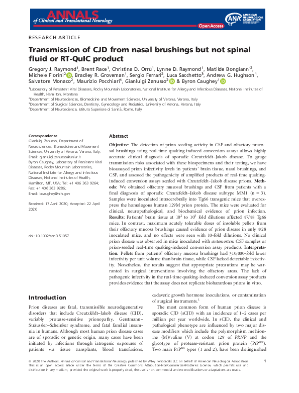 (PDF) CJD Transmission Risks: Brushings vs. CSF