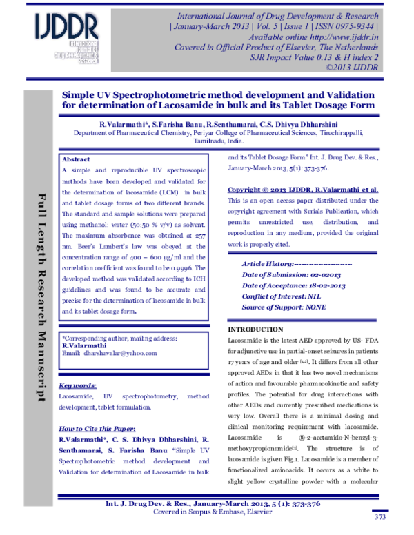 Pdf Simple Uv Spectrophotometric Method Development And Validationfor Determination Of