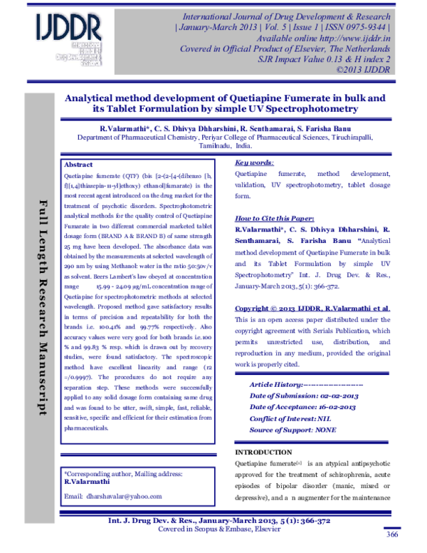 (PDF) Analytical method development of Quetiapine Fumerate in bulk and its Tablet Formulation by ...