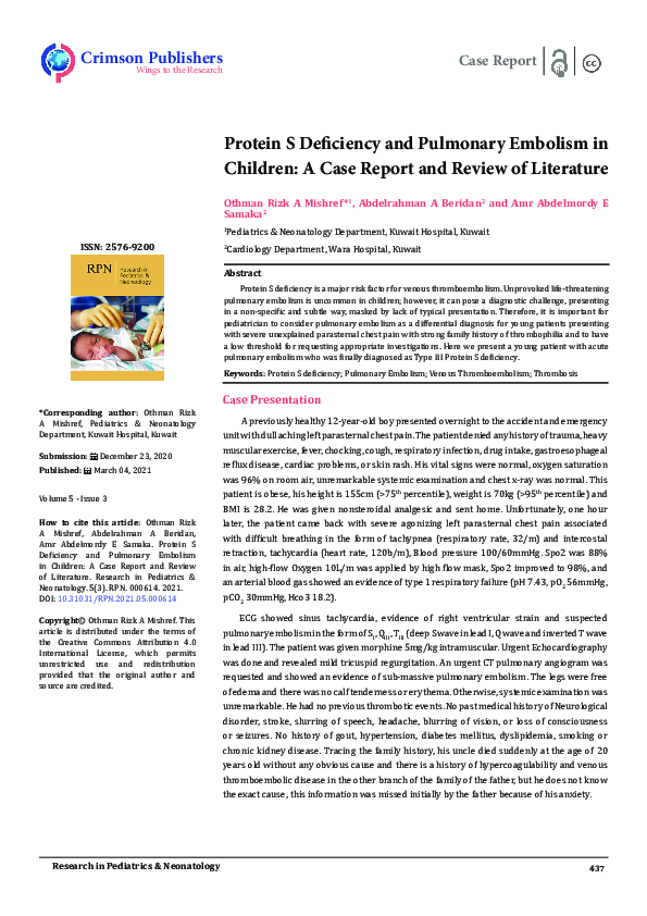 (PDF) Protein S Deficiency and Pulmonary Embolism inChildren: A Case ...