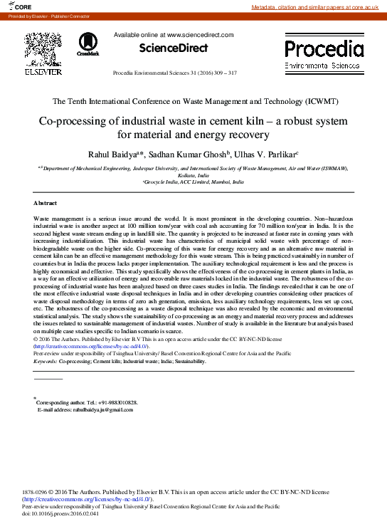 (PDF) Co-processing of Industrial Waste in Cement Kiln – A Robust ...