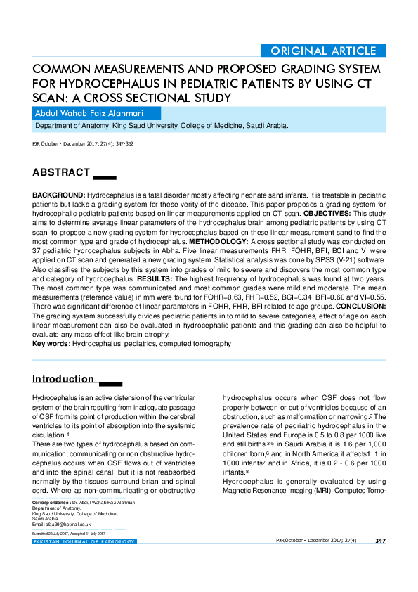 (PDF) COMMON MEASUREMENTS AND PROPOSED GRADING SYSTEM FOR HYDROCEPHALUS ...