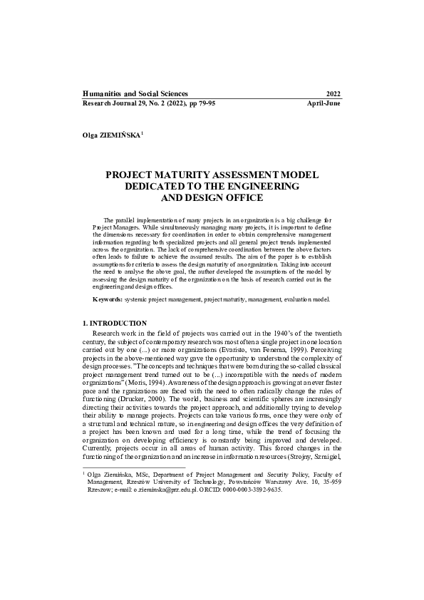 (PDF) Project Maturity Assessment Model Dedicated to the Engineering ...