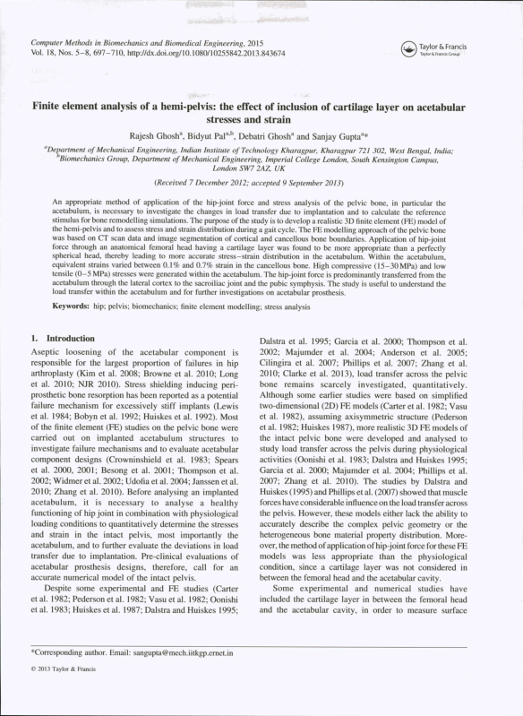 Pdf Finite Element Analysis Of A Hemi Pelvis The Effect Of Inclusion Of Cartilage Layer On