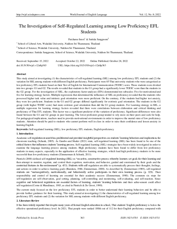 (PDF) The Investigation of Self-Regulated Learning among Low Proficiency EFL Students