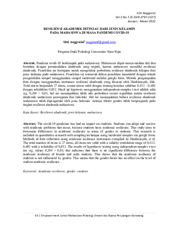 (PDF) Resiliensi Akademik Ditinjau Dari Jenis Kelamin Pada Mahasiswa DI Masa Pandemi COVID-19