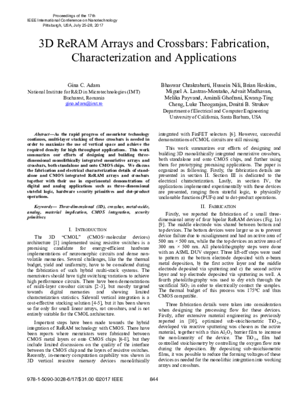 (PDF) 3D ReRAM arrays and crossbars: Fabrication, characterization and applications
