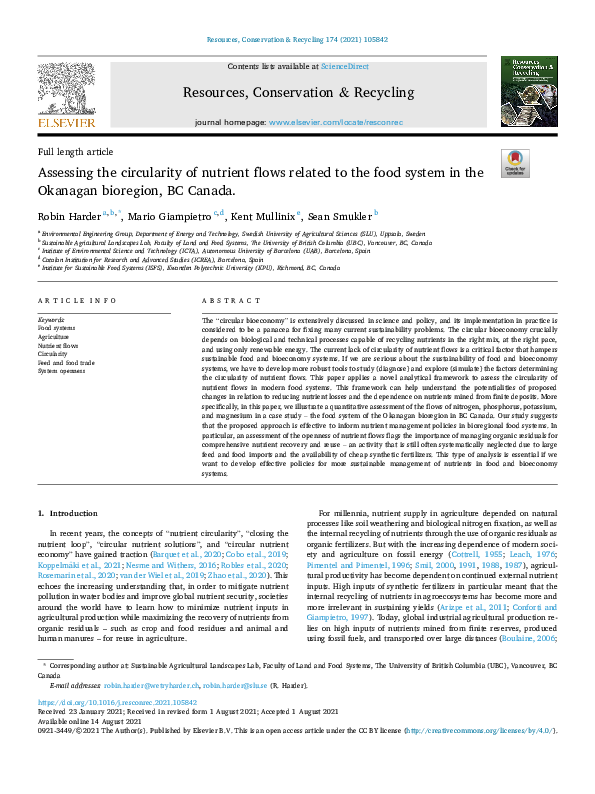(PDF) Assessing the circularity of nutrient flows related to the food system in the Okanagan ...