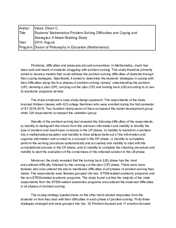 (PDF) Students' Mathematics Problem Solving Difficulties and Coping and ...