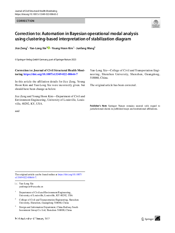 (PDF) Correction to: Automation in Bayesian operational modal analysis using clustering‑based ...
