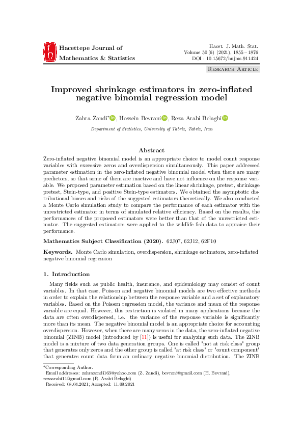 Pdf Improved Shrinkage Estimators In Zero Inflated Negative Binomial Regression Model