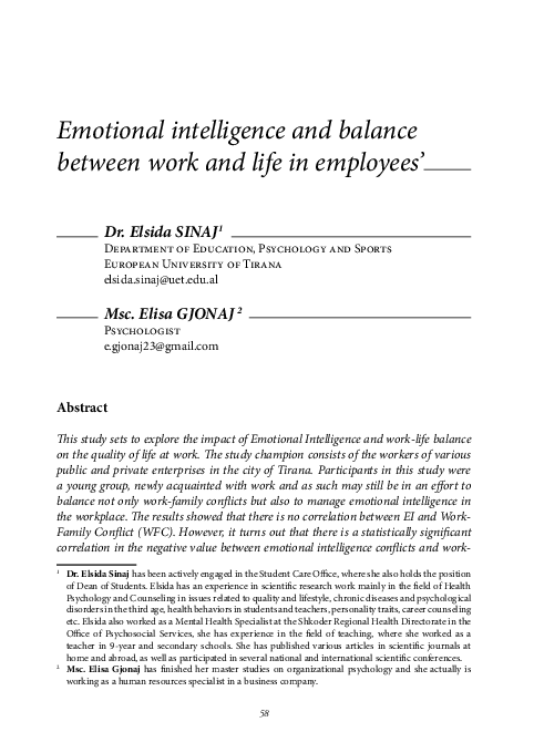 (PDF) Emotional intelligence and balance between work and life in employees