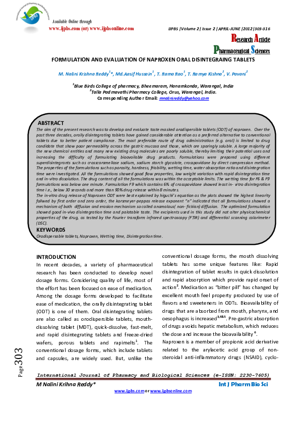 Pdf Formulation And Evaluation Of Naproxen Oral Disintegrating Tablets