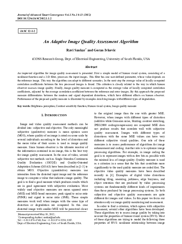 Pdf An Adaptive Image Quality Assessment Algorithm