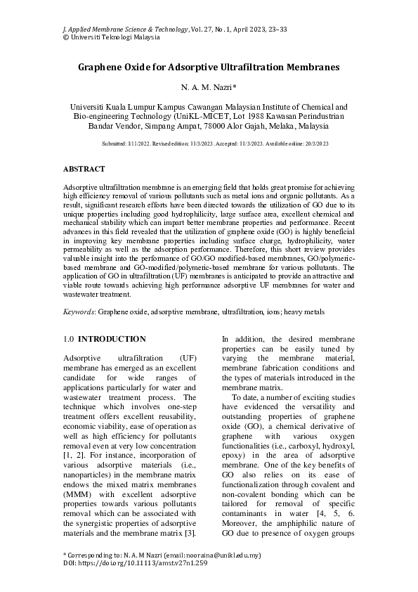 (PDF) Graphene Oxide for Adsorptive Ultrafiltration Membranes
