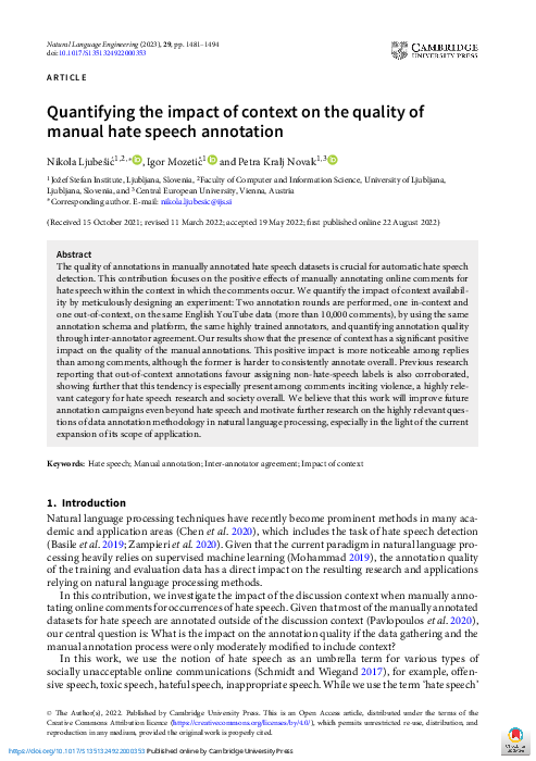 (PDF) Quantifying the impact of context on the quality of manual hate speech annotation