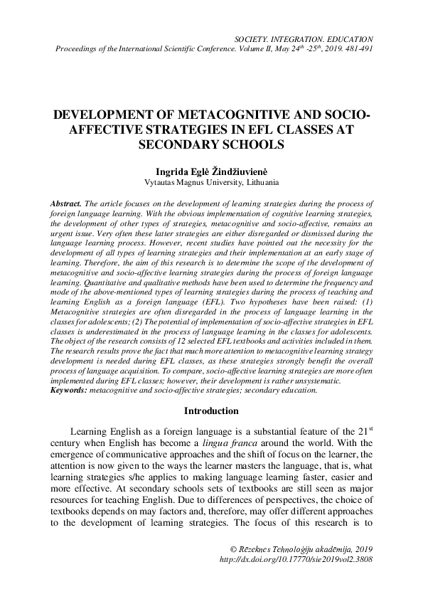 Pdf Development Of Metacognitive And Socio Affective Strategies In Efl Classes At Secondary