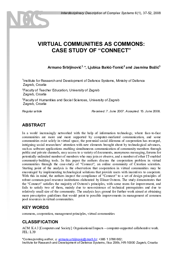 (PDF) Virtual Communities as Commons: Case Study of "Connect