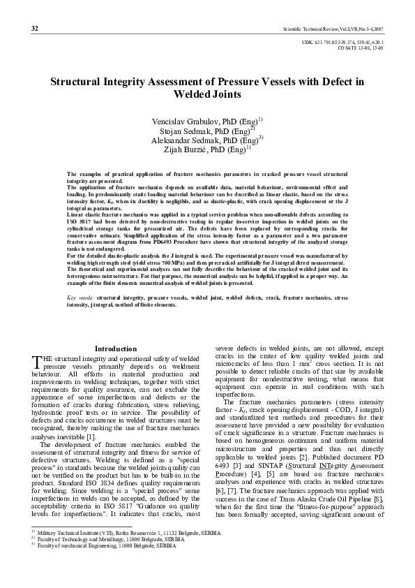 (PDF) Structural Integrity Assessment of Pressure Vessels with Defect in Welded Joints
