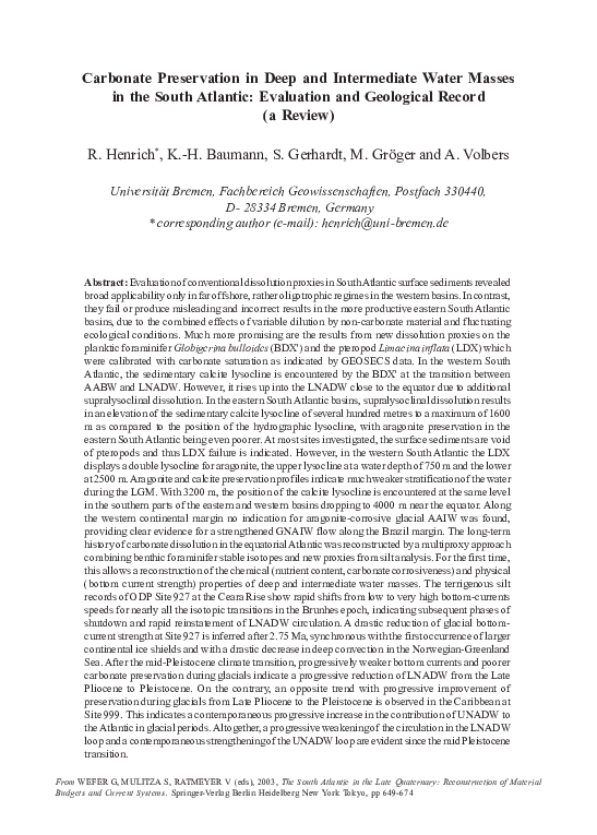 (PDF) Carbonate Preservation in Deep and Intermediate Water Masses in ...