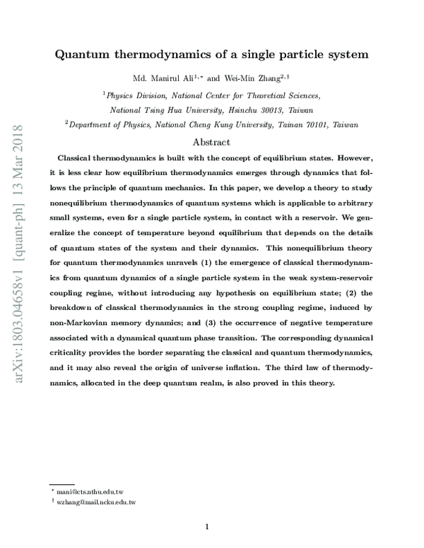 (PDF) Quantum thermodynamics of a single particle system