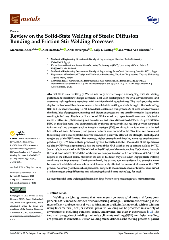 (PDF) Review on the Solid-State Welding of Steels: Diffusion Bonding and Friction Stir Welding ...
