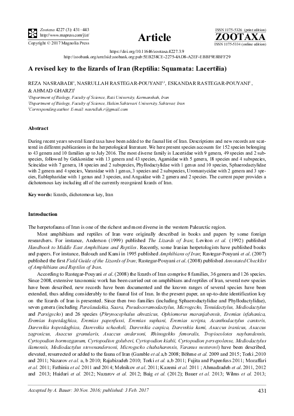(PDF) A revised key to the lizards of Iran (Reptilia: Squamata: Lacertilia)