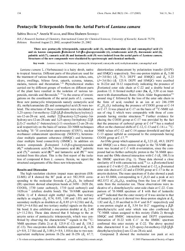 Pentacyclic Triterpenoids from the Aerial Parts of Lantana camara