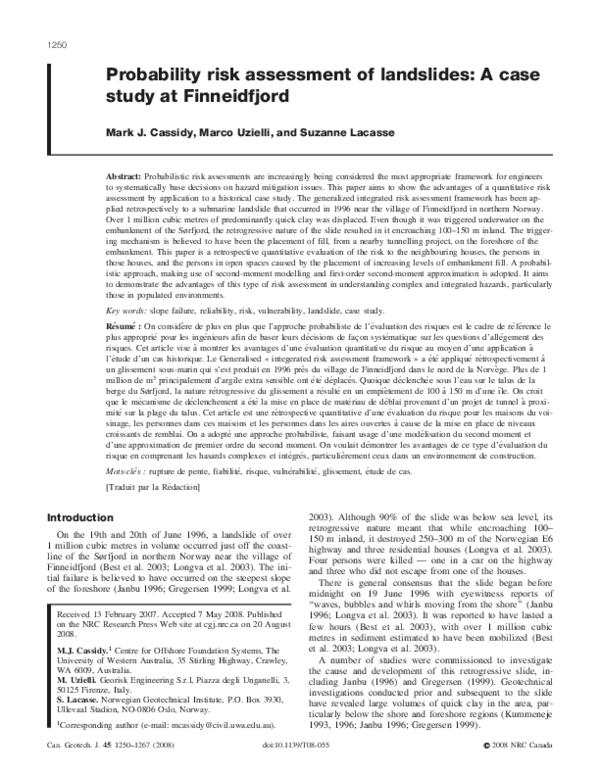 (PDF) Probability risk assessment of landslides: A case study at Finneidfjord