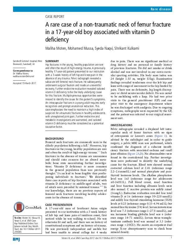 (PDF) A rare case of a non-traumatic neck of femur fracture in a 17 ...