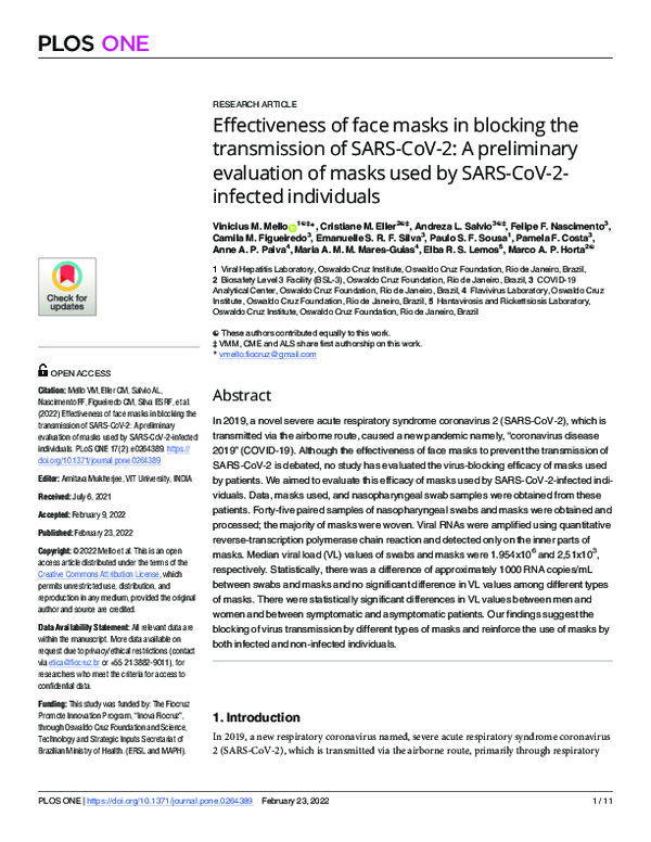 (PDF) Effectiveness of face masks in blocking the transmission of SARS ...