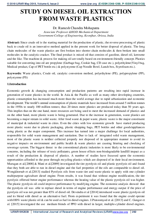 (PDF) STUDY ON DIESEL OIL EXTRACTION FROM WASTE PLASTICS