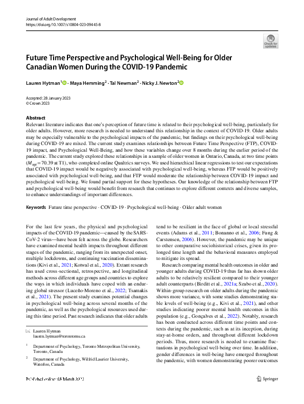 (PDF) Future Time Perspective and Psychological Well-Being for Older ...