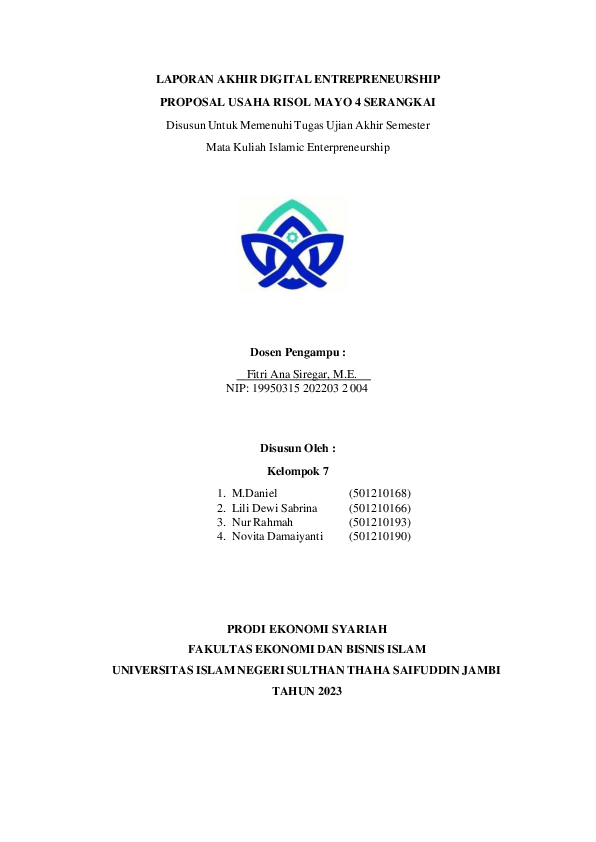 (PDF) LAPORAN AKHIR DIGITAL ENTREPRENEURSHIP PROPOSAL USAHA RISOL MAYO 4 SERANGKAI Disusun Untuk ...