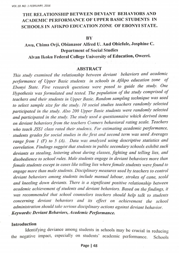 (PDF) THE RELATIONSHIP BETWEEN DEVIANT BEHAVIORS AND ACADEMIC PERFORMANCE OF UPPER BASIC ...