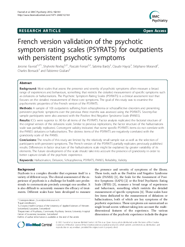 (PDF) French version validation of the psychotic symptom rating scales ...
