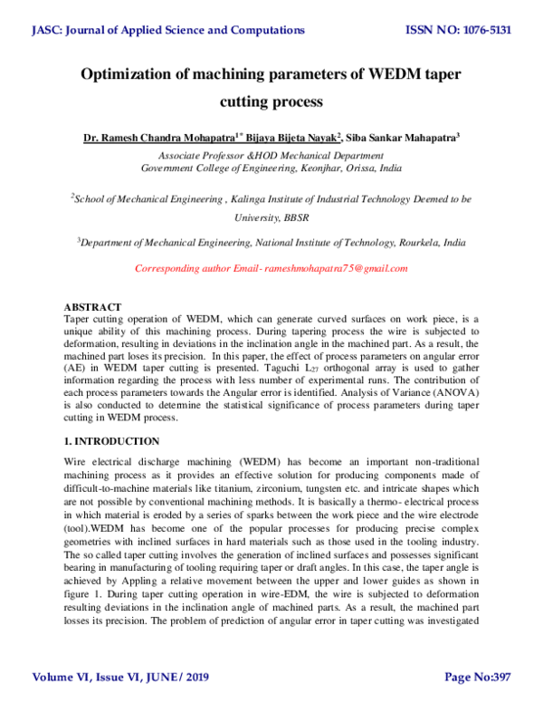 (PDF) Optimization of machining parameters of WEDM taper cutting process