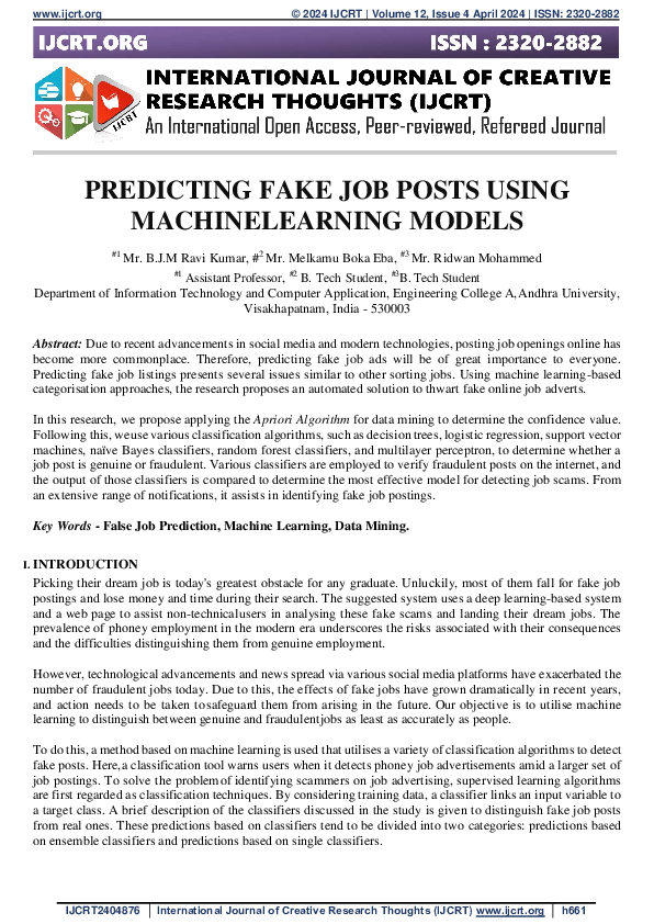 (PDF) PREDICTING FAKE JOB POSTS USING MACHINE LEARNING MODELS