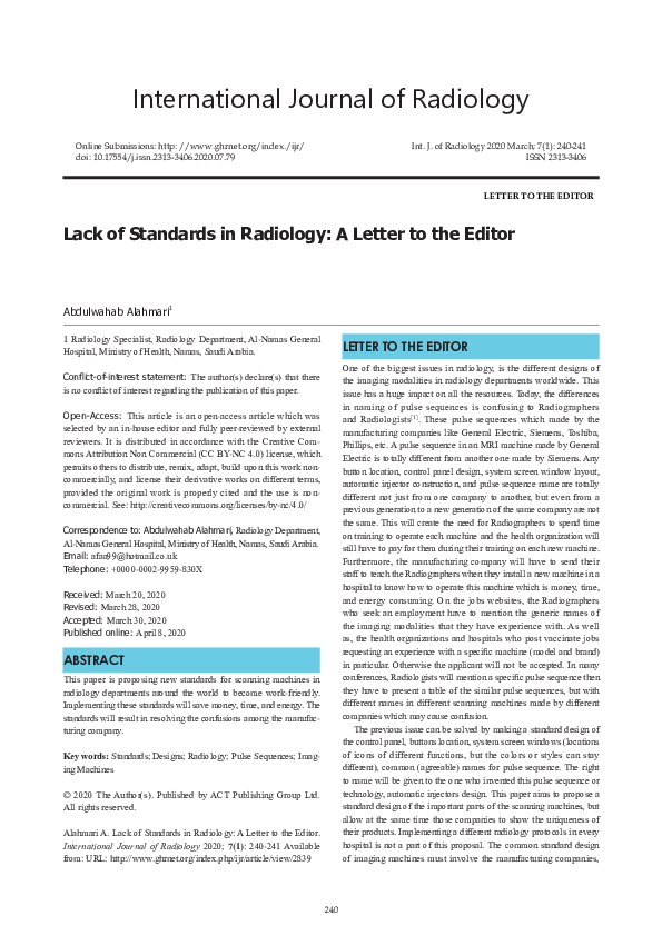 (PDF) Lack of Standards in Radiology: A Letter to the Editor