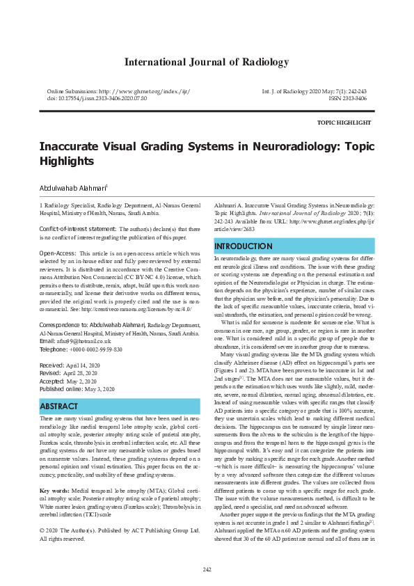 (PDF) Inaccurate Visual Grading Systems in Neuroradiology: Topic Highlights