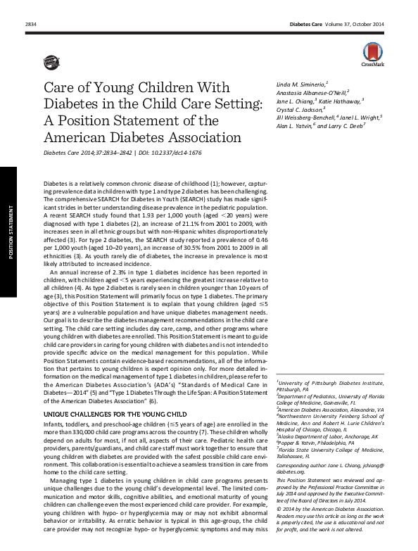 (PDF) Care of Young Children With Diabetes in the Child Care Setting: A ...
