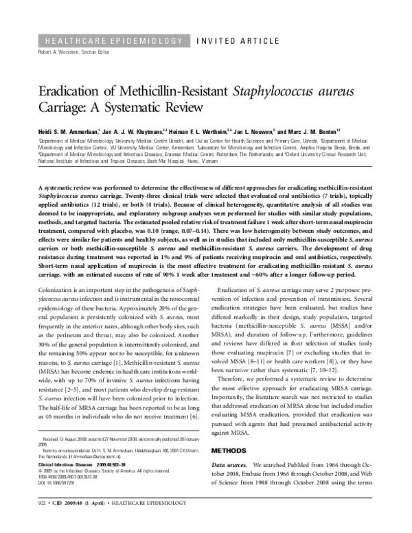 (PDF) Eradication of Methicillin‐Resistant Staphylococcus aureus Carriage: A Systematic Review ...