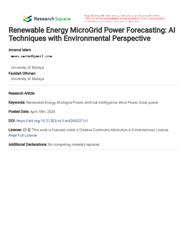 Pdf Renewable Energy Microgrid Power Forecasting Ai Techniques With Environmental Perspective